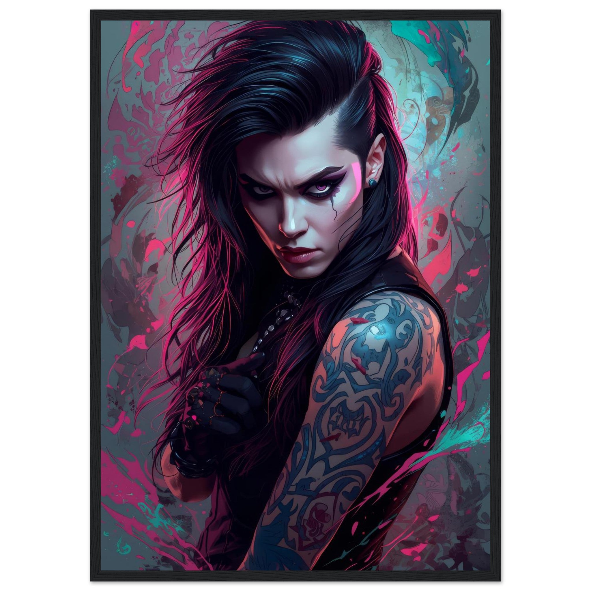 Cyberpunk Rebel Woman Neon Portrait Poster – 24posters