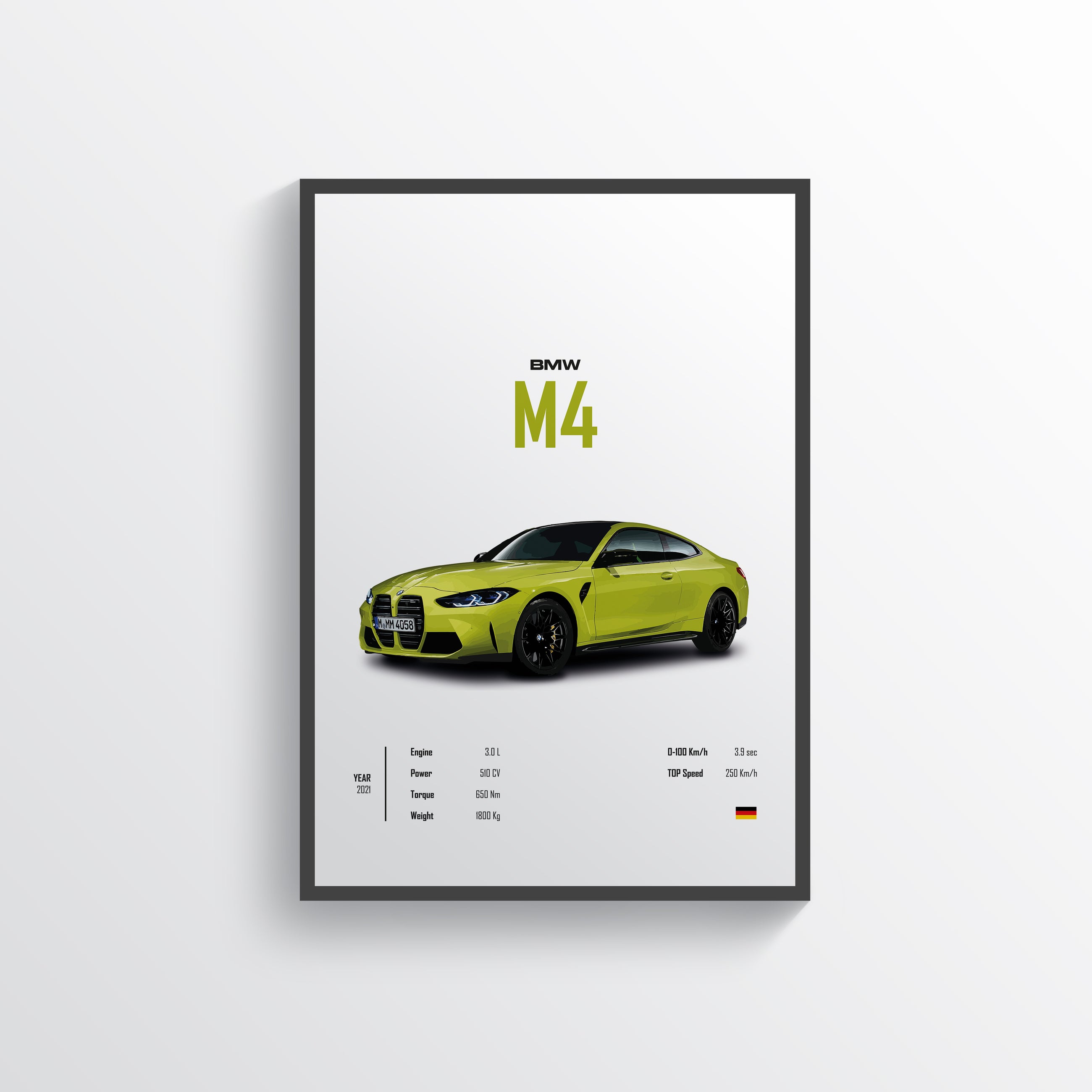Minimalist BMW M4 Spec Sheet Poster (2021 Lime Green) – 24posters